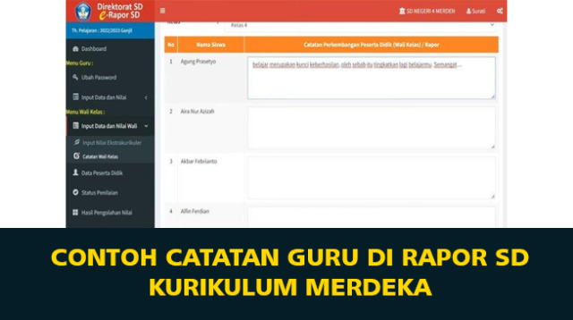 100 Contoh Catatan Guru di Rapor SD Kurikulum Merdeka